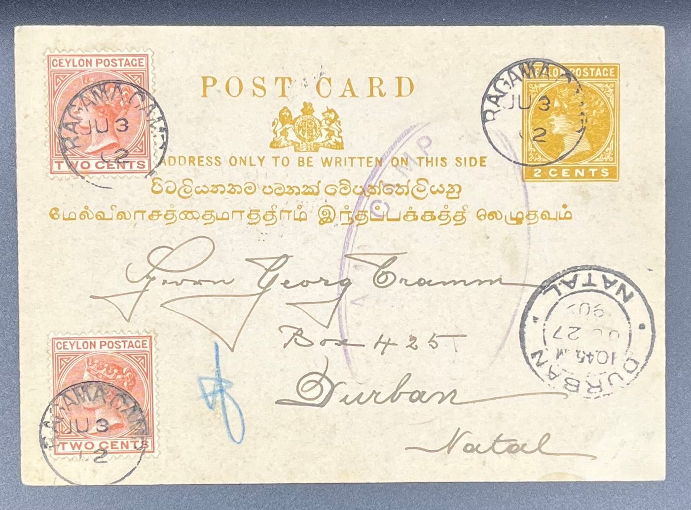 Boer War POW 1902 Uprated Postcard to Durban. | Smith’s Stamps and ...